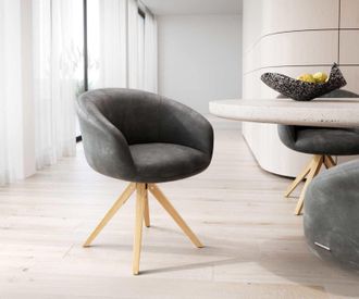 DELIFE Drehstuhl Vinka-Flex mit Armlehnen Mikrofaser Anthrazit Vintage Holzgestell kantig Natur 180&deg; drehbar Taschenfederkern, Esszimmerst&uuml;hle