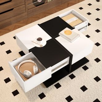Generic Couchtisch modern Schwarz Weiß 70×70×35,5 cm - Quadratischer Wohnzimmertisch mit 2 Schubladen, Hochglanz Kaffeetisch mit Stauraum, Leise Schubladensch