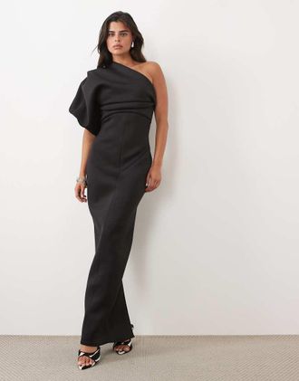 Asos robe longue asym&eacute;trique fronc&eacute;e en tissu style scuba noir
