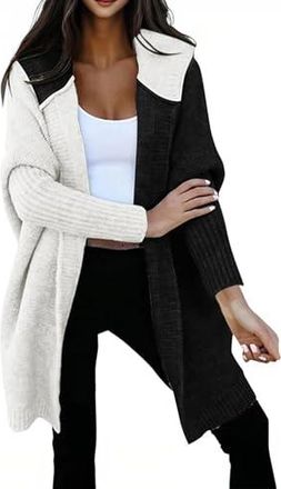 Generic Femmes 2025 Automne Color Block Tenues Ouvert sur le Devant Manches Longues Cardigan &agrave; Capuche Manteau Outwear Pull Ray&eacute; Ample, Noir/blanc, XL