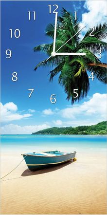 Wallario Design-Wanduhr, Acrylglasuhr Größe 30 x 60 cm, weiße Zeiger, Motiv Urlaub am Palmenstrand unter Palmen mit Fischerboot