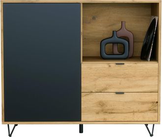 Vladon Kommode Marino, Sideboard mit 1 Tür Schwarz matt und 2 Schubladen Eiche Evoke, Made in Germany, Korpus Eiche Evoke (103 x 90,5 x 37 cm)