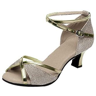 Generic Chaussures de danse &agrave; paillettes pour femme - Bout ouvert - Avec sangle de cheville - Chaussures &agrave; talons mi-hauts - Sandales brillantes pour mariage,