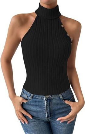 Generic Débardeur Femme Chic et Elegant,Femme Debardeur Col Roulé Top Crop Sexy Chic Couleur Unie Pas Cher Top Dentelle Femme Chic sans Manche,Noir,S,P1157