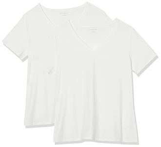 Amazon Essentials T-shirt À Manches Courtes et Col En V, Grande Taille Femme, Lot de 2, Blanc, XXL Grande taille