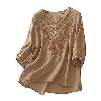 Generic Haut &agrave; manches 3/4 pour femme - Broderie vintage - Manches 3/4 - Manches courtes - D&eacute;contract&eacute; - Tendance - Chemisier boh&egrave;me, Orange, XXL