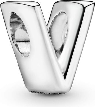 Pandora Moments Buchstabe V - wendbares Alphabet-Charm aus Sterling-Silber mit gepr&auml;gten Herzen und Perlen an der R&uuml;ckseite - kompatibel mit Armb&auml;ndern Moment