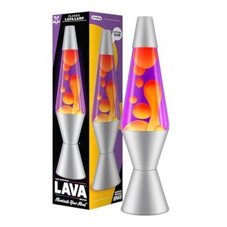 Lava Lampe 2125, gelbes Wachs, lila Flüssigkeit, silberner Sockel und Deckel, Original 14,5 Zoll Bewegungslampe der Marke