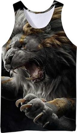 Keephen Débardeurs imprimés en 3D Animal Lion pour Hommes Col Rond à Manches Courtes Vintage Casual Dété sans Manches T-Shirt Gilet