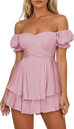 Pink Queen Damen Boho Kleid Strampler Sommer Kurz Schulterfreier Jumpsuit Off Shoulder R&uuml;schen Chiffon Playsuit Rosa XL