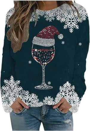 Generic Sweat-shirt de No&euml;l d&eacute;contract&eacute; &agrave; col rond et manches longues avec imprim&eacute; velours double face pour femme, bleu marine, XXL