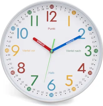 Wall-Art Lernuhr Kinder Wanduhr ohne Tickger&auml;usche modern Kinderuhr Jungen lautlos M&auml;dchenuhr Silber Grau 30cm