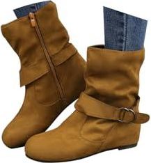 Generic Bottes de cowgirl pour femmes, bottes dautomne pour femmes, sans talon, à enfiler, à bout rond, en daim froncé, vintage, bottines plates avec fermetur