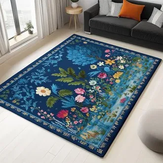 Generic Bleu Fonc&eacute; Tapis Chambre Ado Fran&ccedil;ais - Tapis Imprim&eacute; Fleurs Et Plantes Exquises, Flanelle Doux Antid&eacute;rapant Poils Courts pour Gar&ccedil;on Enfant Salon Sal