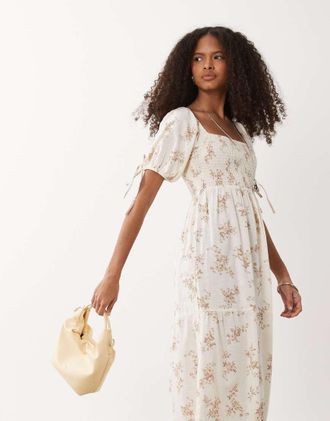 Wednesday's Girl Robe babydoll longueur mollet &agrave; imprim&eacute; fleuri avec fronces et volants &eacute;tag&eacute;s - Beige-Neutral