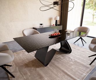 DELIFE Esstisch Edge 180-220x100 Reliefglas Rauchschwarz 3D-Design W-Gestell Schwarz ausziehbar, Esstische