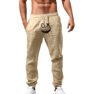 Generic Pantalon de jogging pour homme - Pantalon court en lin avec imprim&eacute; noix de coco pour homme - Pantalon de yoga l&eacute;ger et d&eacute;contract&eacute; pour l&eacute;t&eacute;, kaki, X