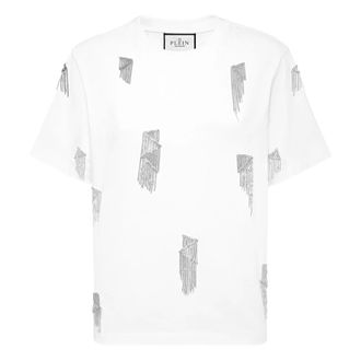 Philipp Plein Femme, Tops, Blanc, Taille: 40 FR Jersey T-Shirt Col Rond SS Franges