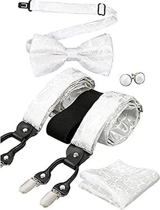 Alizeal Ensemble noeud papillon et bretelles 6 pinces pour homme Mouchoir et boutons de manchette Noir, 074-blanc, taille unique