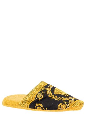 Versace Unisex House Slippers Baroque Print Yellow Cotton Flat Shoes