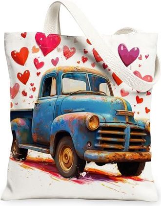 Generic Sacs fourre-tout vintage en toile avec motif coeur, sacs d&eacute;picerie r&eacute;utilisables, color&eacute;s romantiques, l&eacute;gers, lavables en toile pour voyage, plage, s