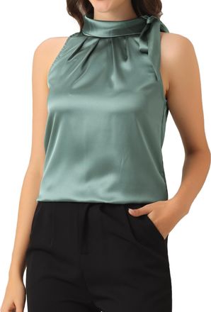 Allegra K Damen &Auml;rmellos Satin Top Elegant R&uuml;schen Stehkragen Bluse Schleife Oberteil Dunkel Gr&uuml;n XL