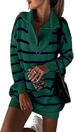 TOMWELL Robe Pull Femme Casual Manches Longues Rayé Robe Demi Fermeture Éclair Col Roulé Elégant Robe Tricoté Automne Hiver Chandail Mini Robe A Vert M