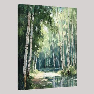 Generic Wandbilder Dekoration Gr&uuml;ner Bach im Birkenwald Bilder auf Leinwand Aufh&auml;ngefertig Kunstdruck Wanddeko Bild Canvas Modern Leinwandbild mit Rahmen 30 x