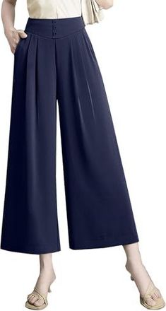 Generic Pantalon palazzo &agrave; jambe large pour femme - Taille haute - Coupe droite - Pliss&eacute; sur le devant - L&eacute;ger - Style d&eacute;contract&eacute; - Pour le travail - Pour le