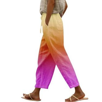 Generic Pantalon d&eacute;t&eacute; pour femme - L&eacute;ger et color&eacute; - En mousseline - Pantalon 3/4 en lin - Taille haute - Baggy - En coton - D&eacute;contract&eacute; - Style boh&egrave;me - Avec