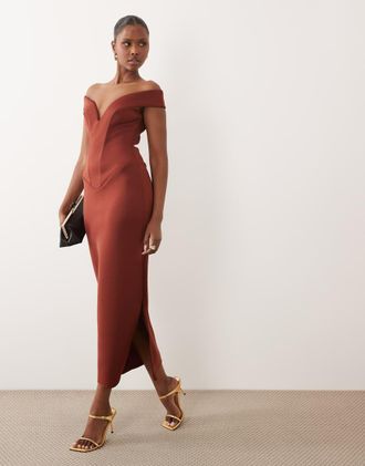 Asos Robe mi-longue en imitation n&eacute;opr&egrave;ne &agrave; d&eacute;collet&eacute; plongeant en V style Bardot - Rouge