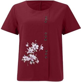 Generic Haut ample d&eacute;contract&eacute; &agrave; manches courtes et col rond en lin pour femme, chemisier d&eacute;t&eacute; &agrave; motif floral pour la plage, les vacances et les voyages, bord