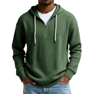 Generic Sweat &agrave; capuche pour homme avec fermeture &eacute;clair 1/4 - T-shirt &agrave; manches longues avec capuche - Confortable - Couleur unie - Coupe droite - Pull en tr