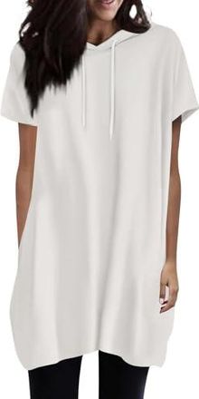 Generic Sweat à capuche surdimensionné dété pour femme - Couleur unie - Manches courtes - Tunique à manches courtes pour femme, blanc, S
