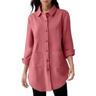 Generic Chemises en lin pour femme - Haut long boutonn&eacute; - Grande taille - Chemisier avec poches - Chemise de nuit grande taille pour femme, rose, 3XL