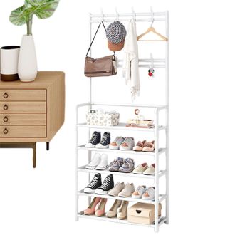 Generic Kleiderständer Mit Schuhregal,Kleiderständer Mit Regalen | Kleiderständer Mit Huthaken,Haushalt Lagerregal Stand-Schlafsaal Kleiderbügel Schlafzimmer 