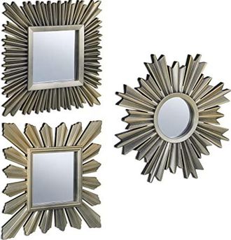 Relaxdays Spiegel 3er Set, dekorativer Sonnenspiegel, 3 Designs, Wohnzimmer, Flur, Dekospiegel, Kunststoff-Rahmen, Gold