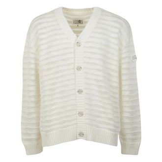 Maison Margiela Homme, Pulls, Blanc, Taille: XL Cardigan Ray&eacute; en Maille Ajour&eacute;e
