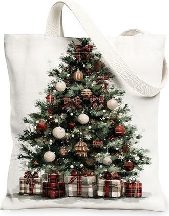 Generic Sacs fourre-tout en toile de vacances, motif sapin de No&euml;l festif, sacs de courses r&eacute;utilisables, vintage, rustiques, l&eacute;gers et lavables, toile pour c