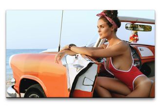 Paul Sinus Art Bilder XXL Sexy Frau in Auto 120x70cm Wandbild auf Leinwand