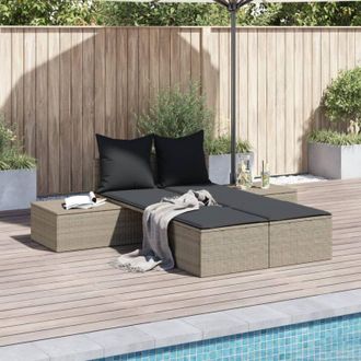 vidaXL Doppel-Sonnenliege mit Kissen Hellgrau Poly Rattan - Vidaxl
