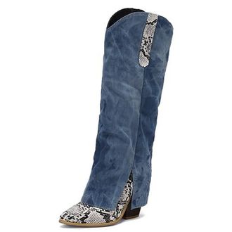 Generic MiaZane Bottes Cuissardes en Denim et Suédé à Motifs Patchwork Mode Femme Bout Pointu Talon Haut Épais Bottes Longues Robe pour Tenue de Rue Automne e