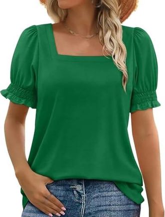 Generic T-shirt d&eacute;contract&eacute; &agrave; col carr&eacute; et manches smock&eacute;es pour femme - Haut &agrave; volants - Manches bouffantes - V&ecirc;tements tendance, Vert, XXL