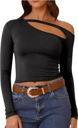 Generico Top élégant pour femme à manches longues coupe étroite avec décolleté irrégulier et creux T-shirt court pour femme à porter comme cape, Noir, XL