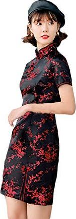 ACVIP Qipao Mini robe de soirée à manches courtes pour femme Motif fleurs de prunier - - S:poitrine 85 cm