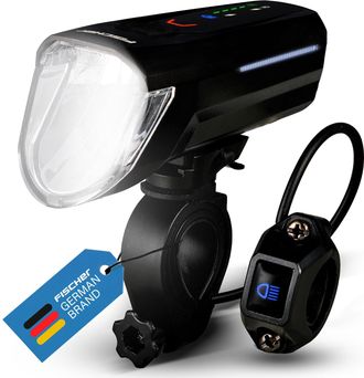 Fischer Fahrrad LED-Frontlicht 100 Lux mit Fernlicht, mit Sensormodus, spritzwassergeschütztes Gehäuse, einfache Montage, schwarz, 1 Stück