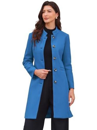 Allegra K Manteau Femme Mi-Long &agrave; Col Montant Caban DHiver Classique &agrave; Simple Boutonnage pour les Quotidiens Bleu L
