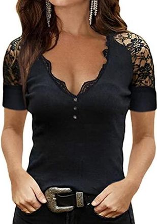 ORANDESIGNE Femmes T-Shirt à Col en V Dentelle Sexy Haut à épaules Dénudées T-Shirt Léger Sexy Chemise à Manches Courtes Chemises élégantes Tops Blouses D été A N