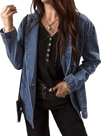 Generic Veste en jean surdimensionn&eacute;e boutonn&eacute;e &agrave; revers crant&eacute; pour femme, bleu, 4XL