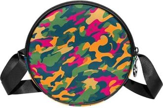 Generic Petit sac &agrave; bandouli&egrave;re rond pour femme, motif camouflage color&eacute;, avec fermeture &eacute;clair, bretelles r&eacute;glables, sac &agrave; main rond d&eacute;contract&eacute; pour femmes 